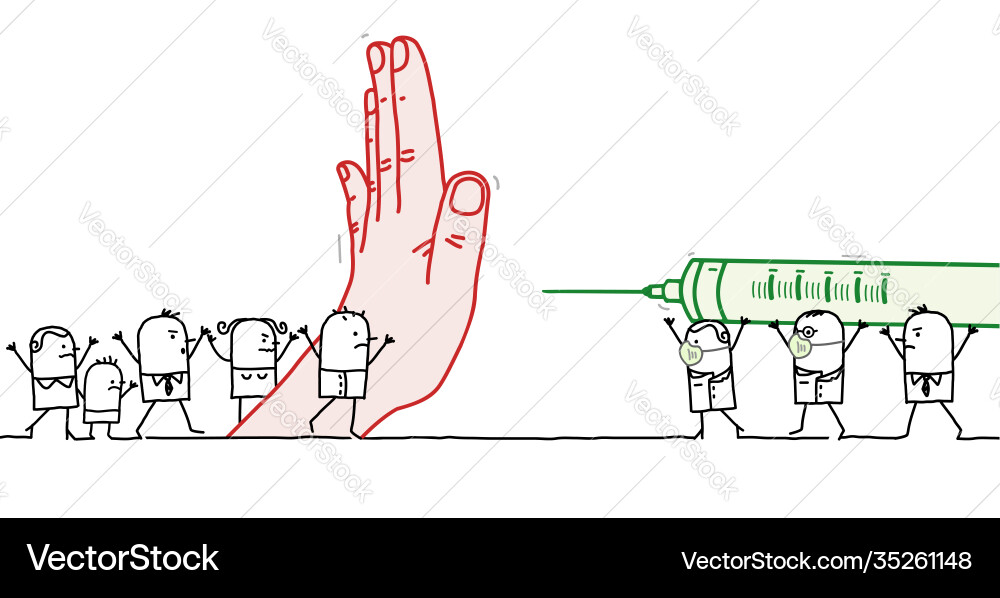 Cartoon protesting people stopping vaccine team Vector Image