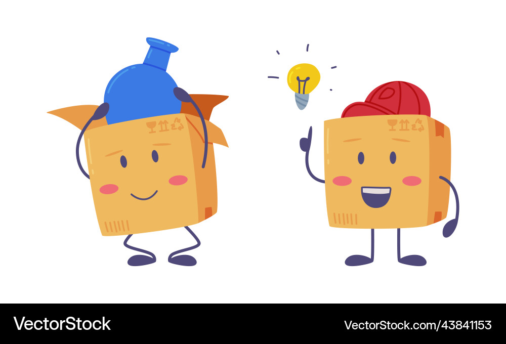Cute delivery cardboard box character putting blue
