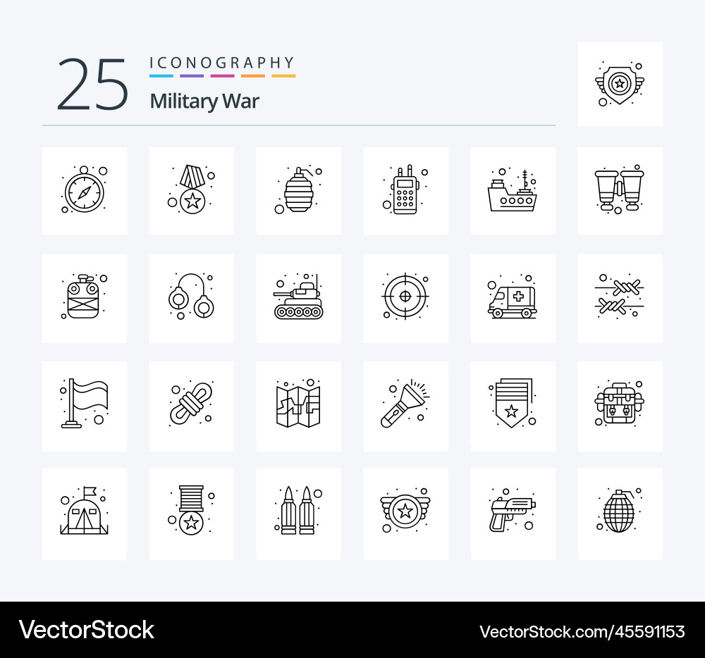 Military war 25 line icon pack including ship Vector Image