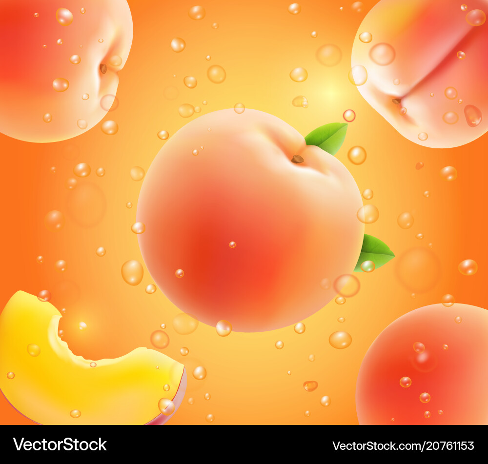 Peach falling in juice realistic advertising Vector Image