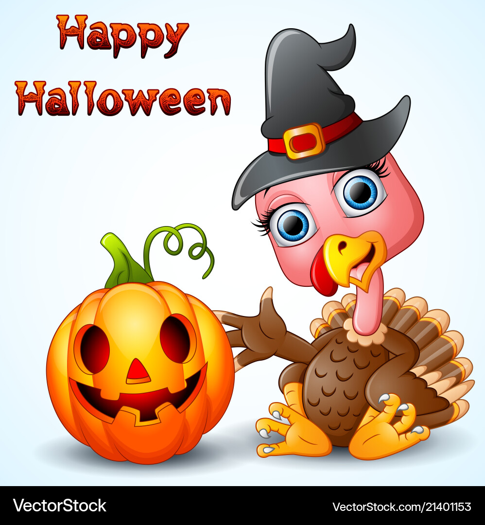 Turkey cartoon with witch hat and pumpkin Vector Image