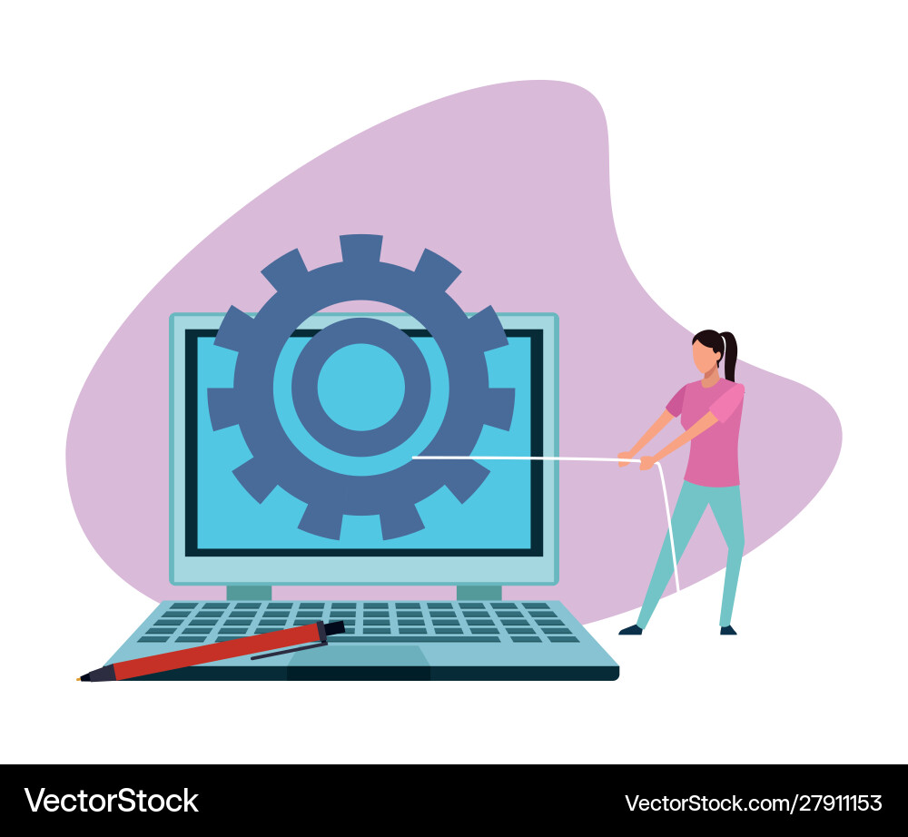 Woman pulling a gear wheel on laptop computer Vector Image