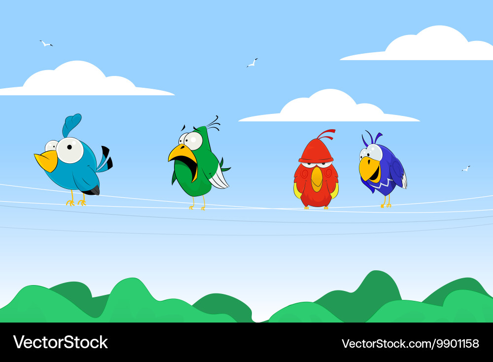Colorful birds on wires Royalty Free Vector Image