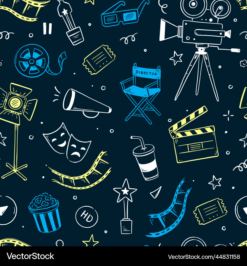 Movie cinema pattern doodle hand drawn Royalty Free Vector
