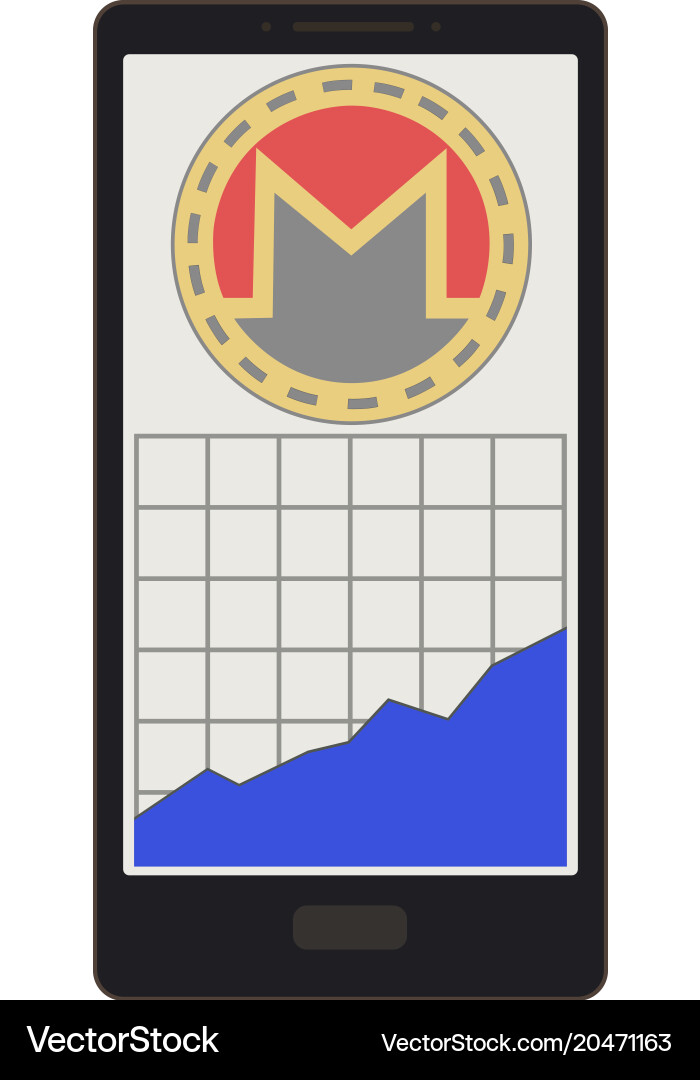 Monero coin with growth graph on a phone screen Vector Image