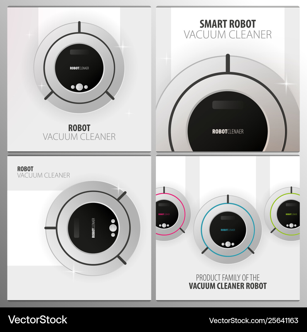 Set banners robot vacuum cleaner on white floor Vector Image
