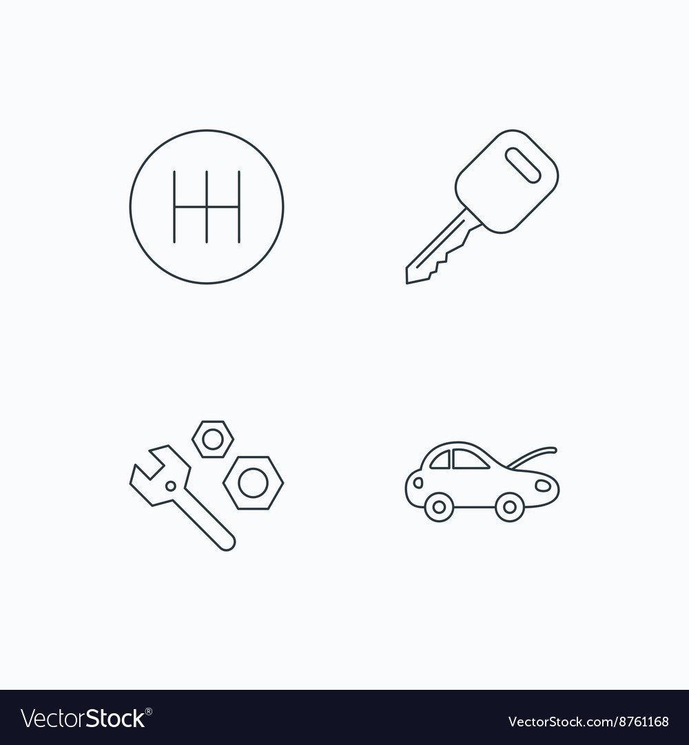 Car key repair tools and manual gearbox icons Vector Image
