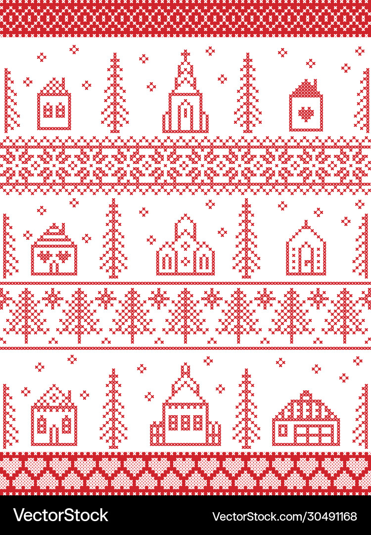 Christmas nordic village pattern stitched Vector Image