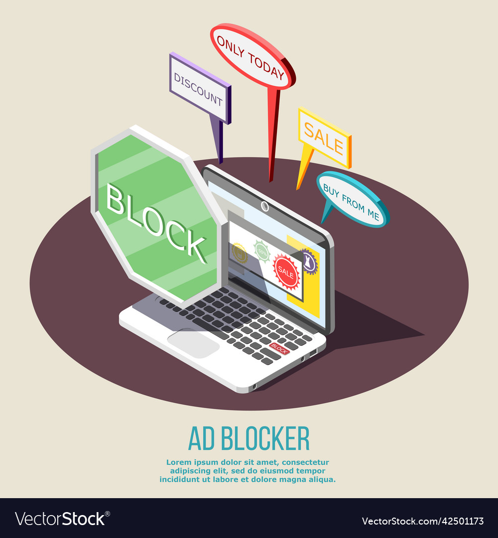 Ad blocking isometric composition Royalty Free Vector Image