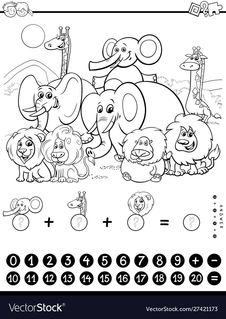 Counting and adding task with animals color book Vector Image