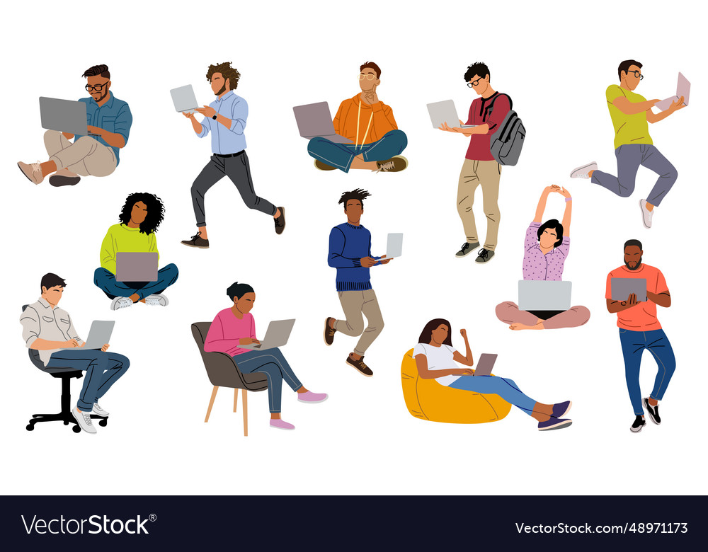 Different people using laptop set isolated Vector Image