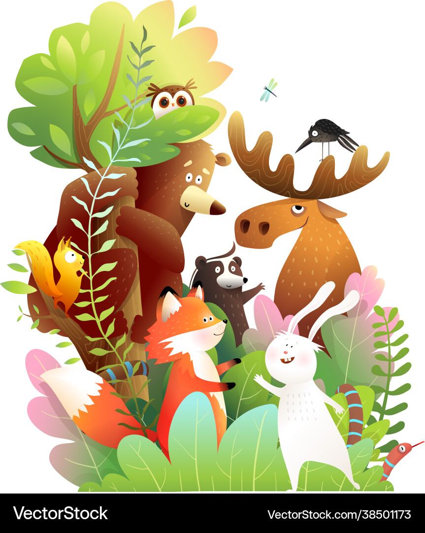 Forest animals friends in wild on big tree Vector Image