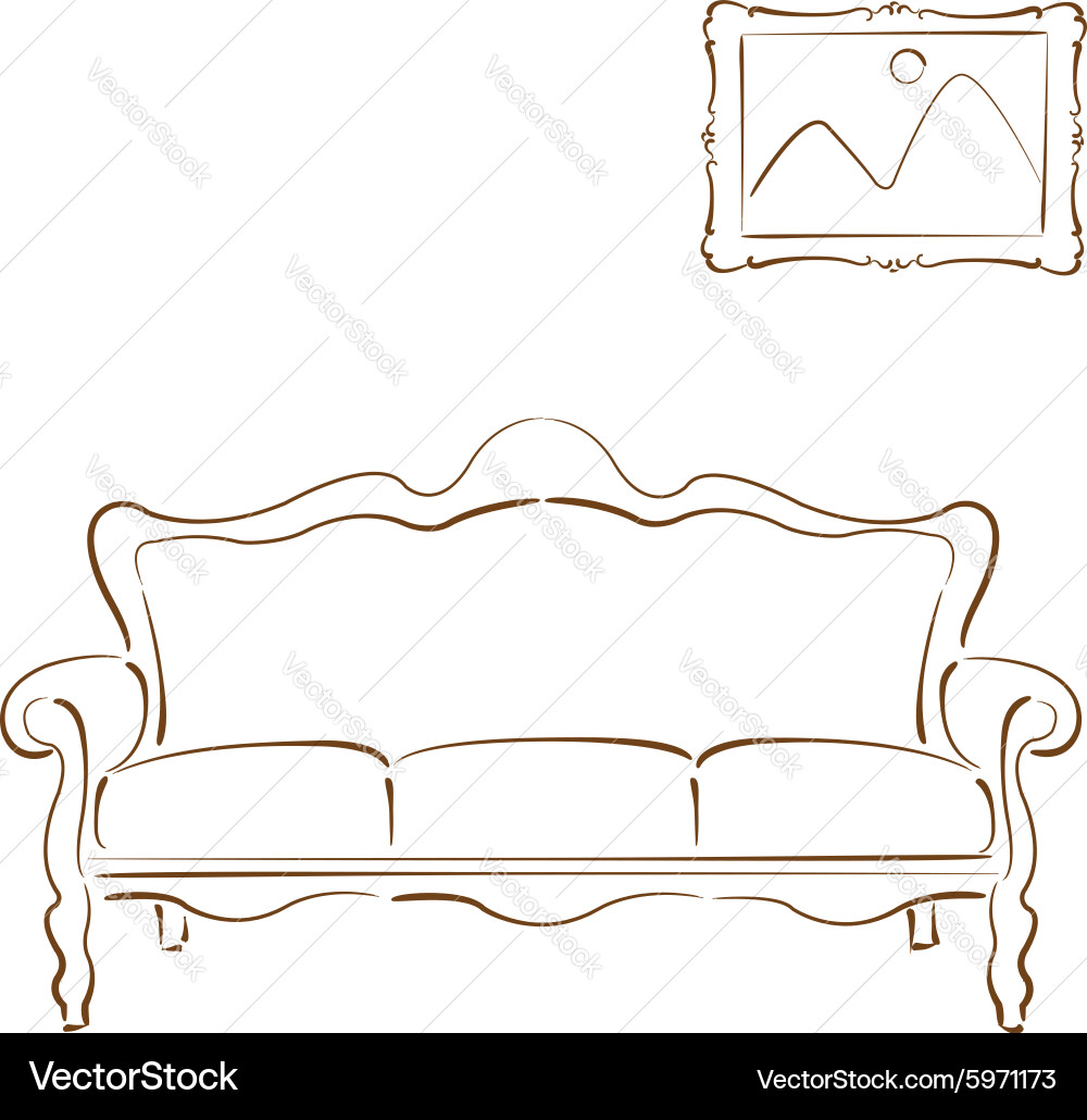 Sketched sofa couch and picture on wall Royalty Free Vector