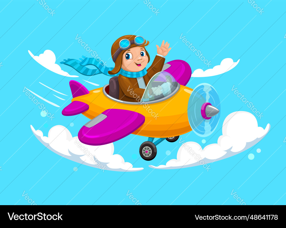 Cartoon kid pilot flying on plane at cloudy sky Vector Image