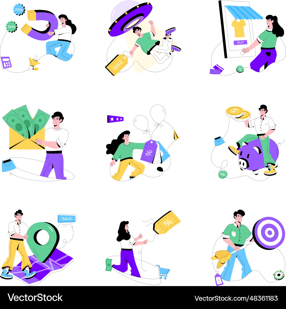 Bundle of shopping sales flat Royalty Free Vector Image