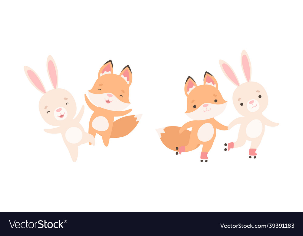Pretty little bunny and fox cub playing together Vector Image
