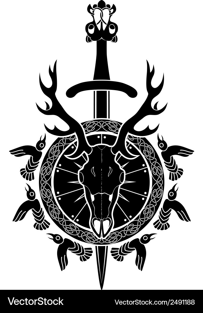 Deer skull sword and shield north viking Vector Image
