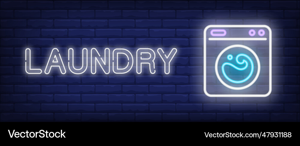Laundry neon sign washing machine on brick Vector Image