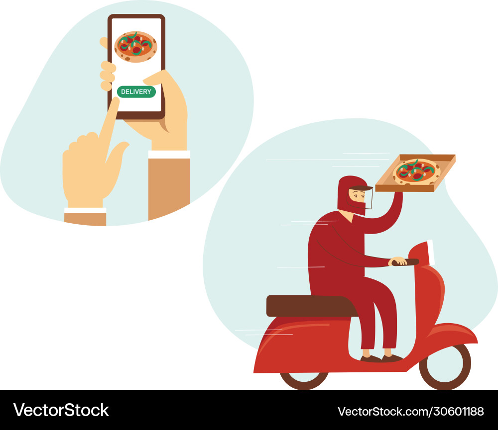 Safe food ordering in mobile app courier riding Vector Image