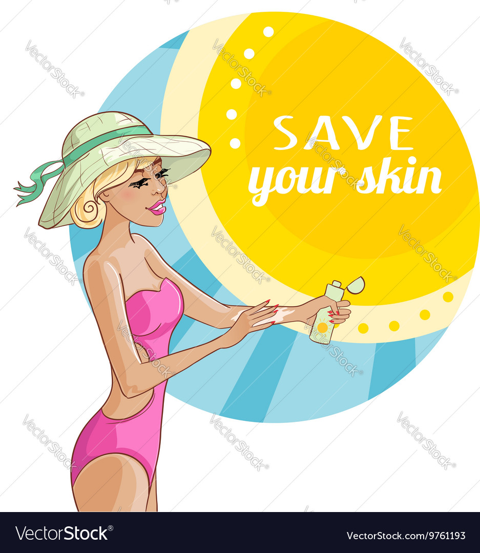 Beautiful Girl Applying Sunscreen On Skin Vector Image