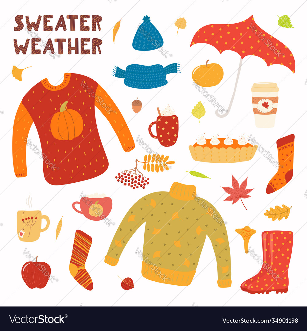 Autumn set with clothes food Royalty Free Vector Image