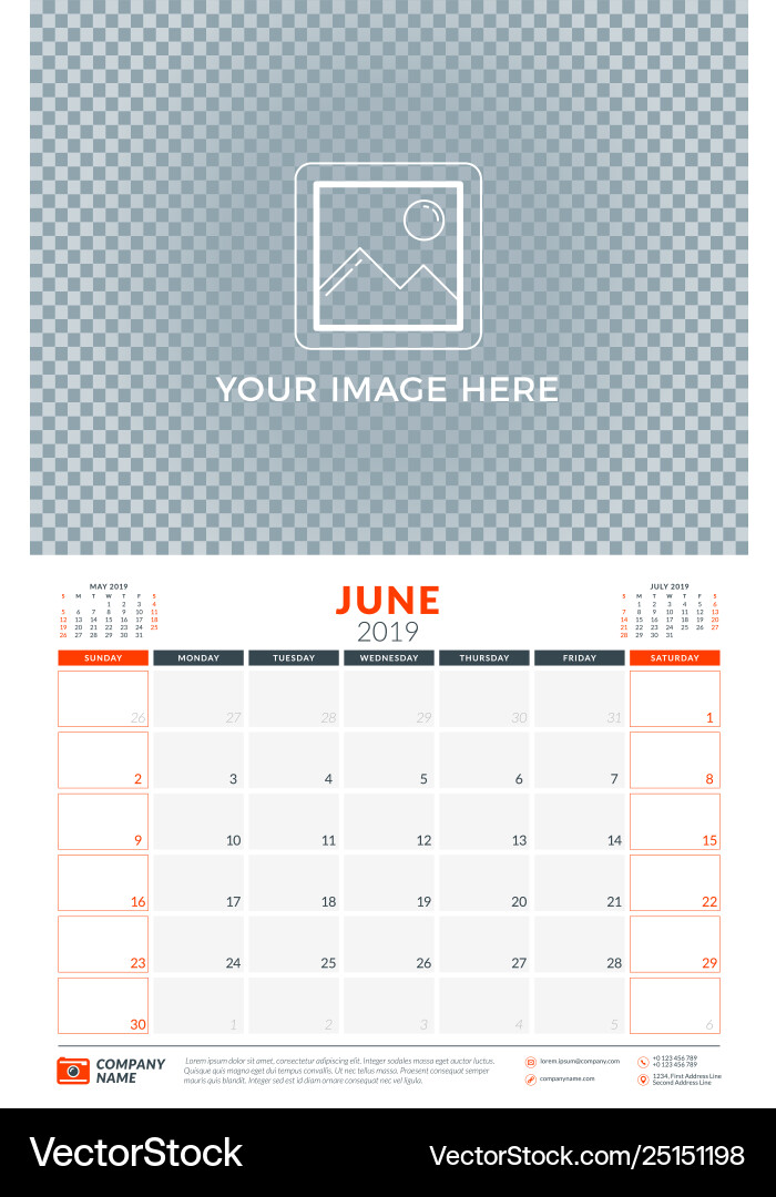 Wall calendar planner template for 2019 year june Vector Image