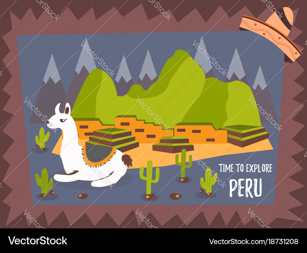 Concept poster peru with lama and landmarks Vector Image