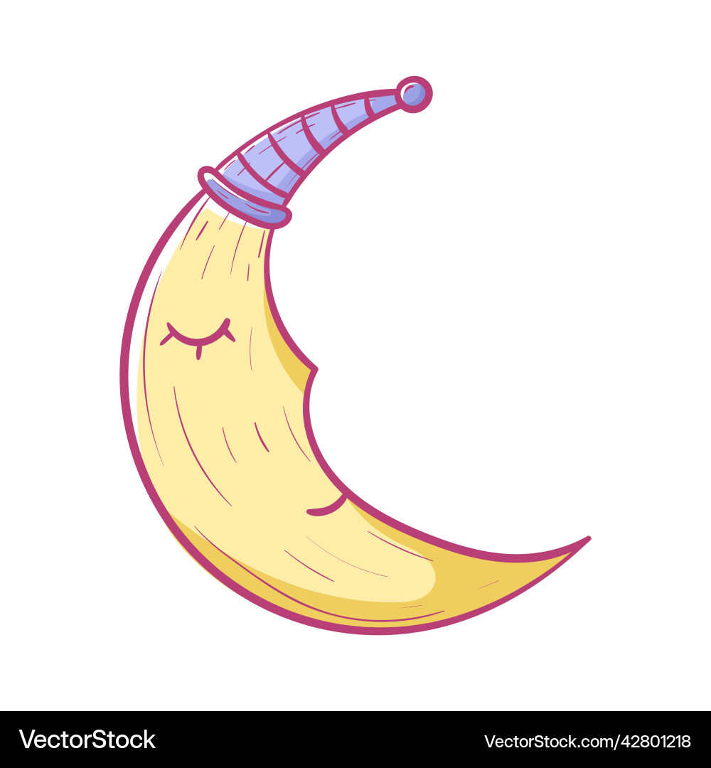 Cute cartoon crescent moon in a sleeping cap Vector Image