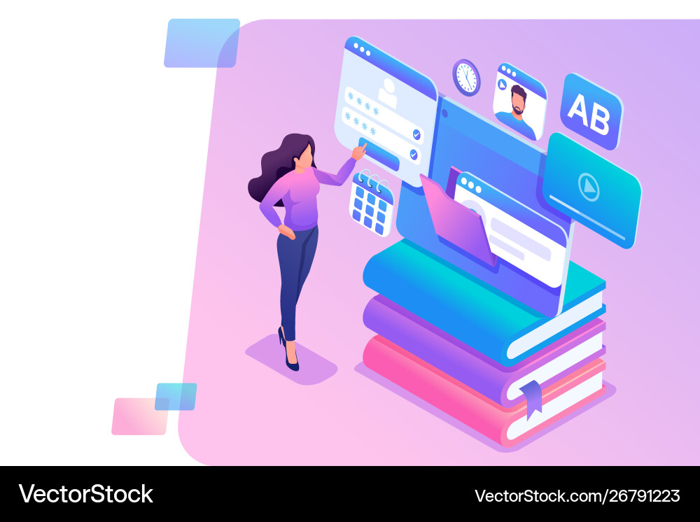 Isometric concept young girl uses tablet Vector Image
