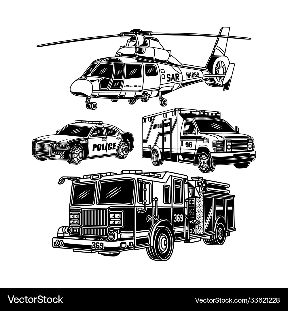 Emergency vehicles collection in black and white Vector Image