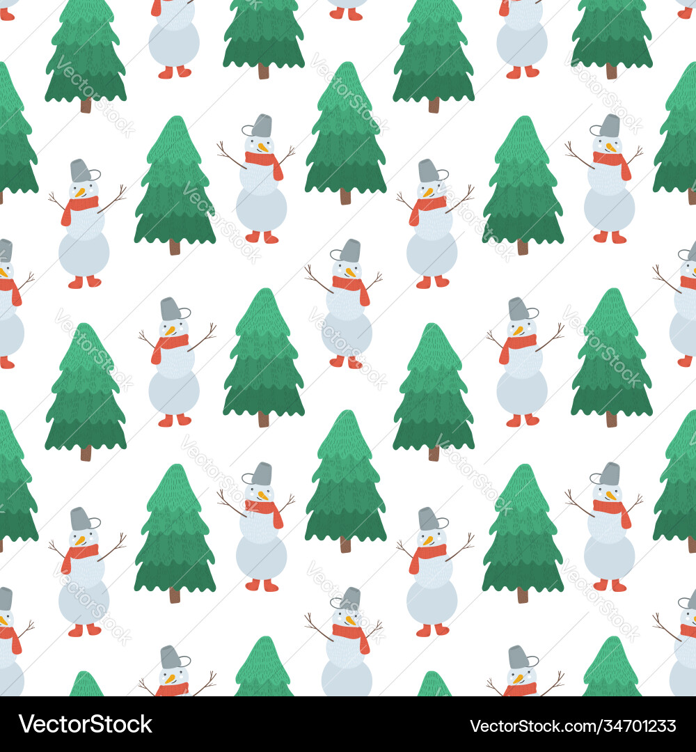 Cute christmas pattern with snowmen and firs Vector Image