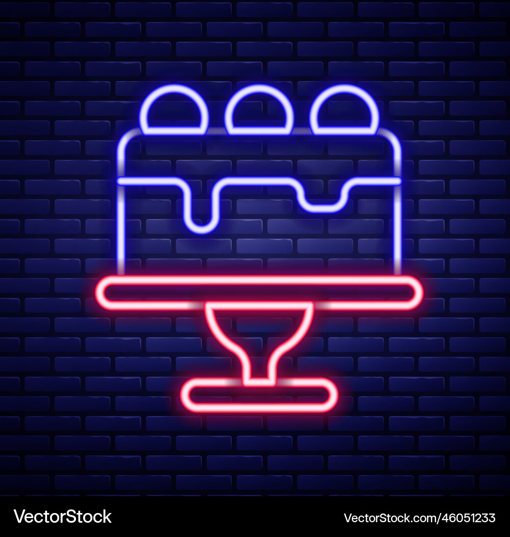 Glowing neon line cake icon isolated on brick wall