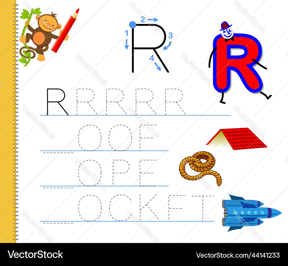 Learn to trace letter r study english words Vector Image