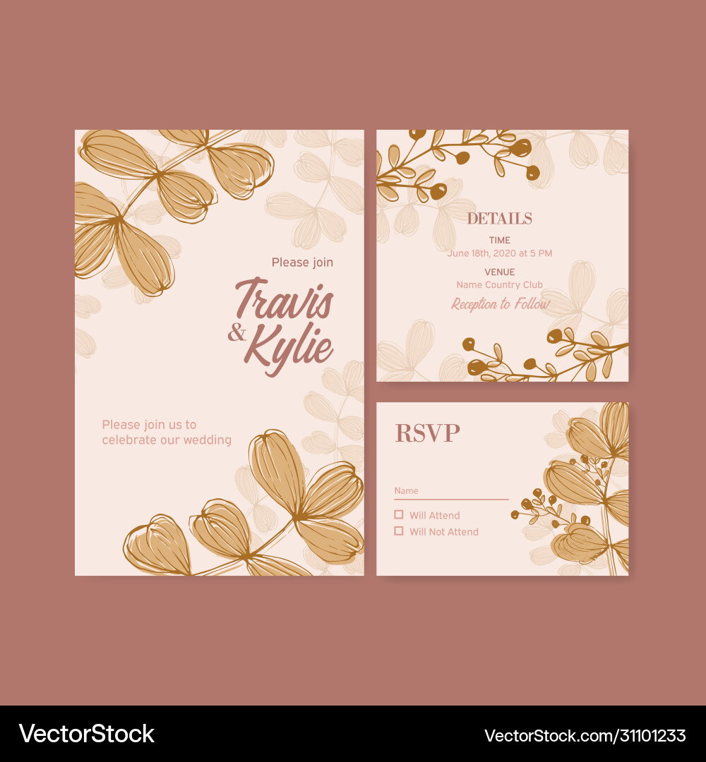 Line flower wedding card design with invitations Vector Image
