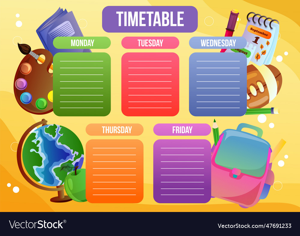 School time table with object Royalty Free Vector Image