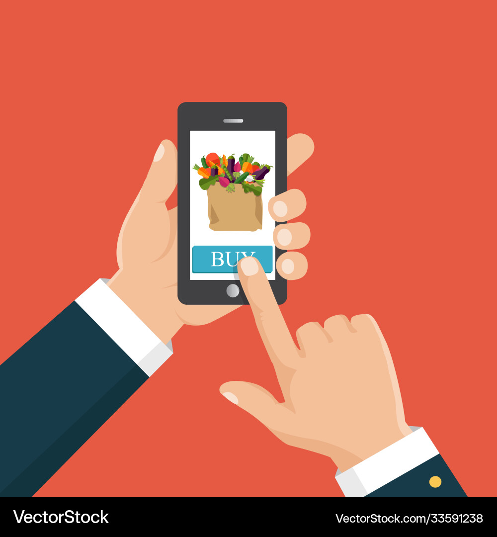 Hand ordering fresh food hold smartphone Vector Image