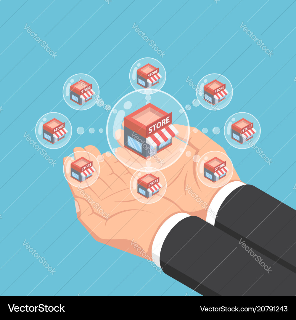 Isometric businessman hands holding store network Vector Image
