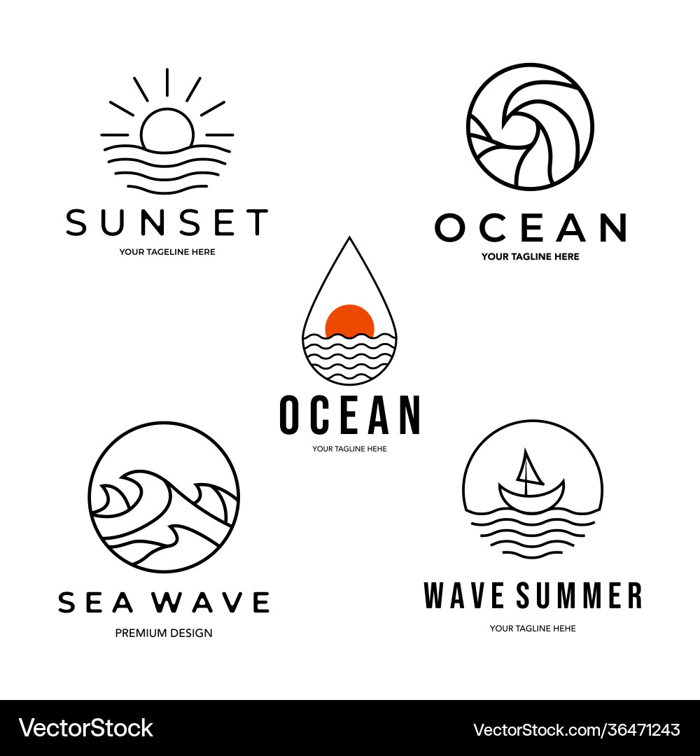 Set wave ocean icon line art minimalist design Vector Image