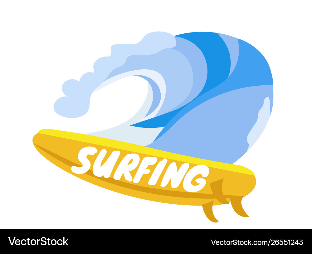 Surfing lettering on board under ocean wave Vector Image