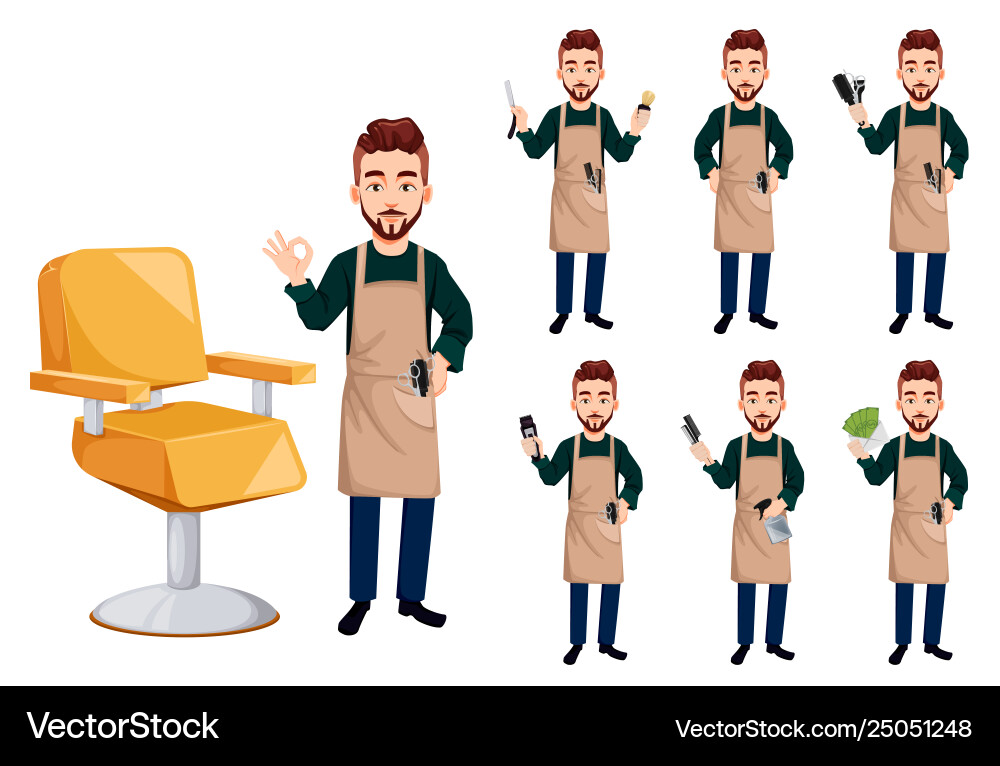 Barber man in hipster style set seven poses Vector Image