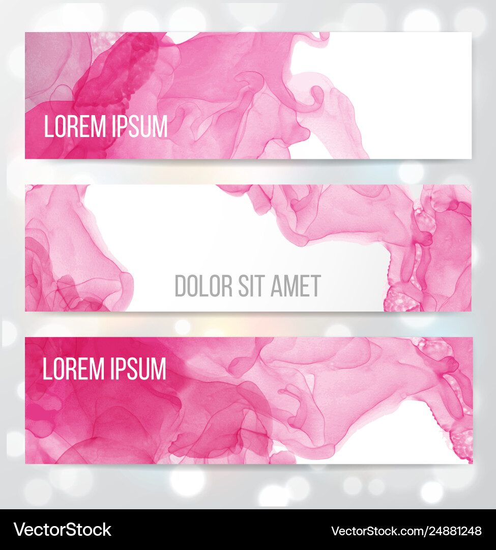 Three pink banners with abstract alcohole ink Vector Image