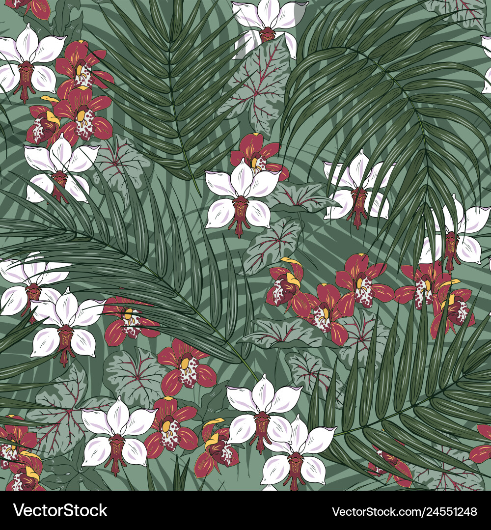 Tropical flowers and leaves Royalty Free Vector Image