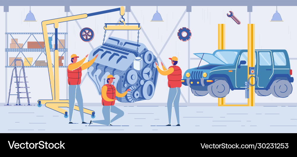 Cartoon technician in uniform repair motor engine Vector Image