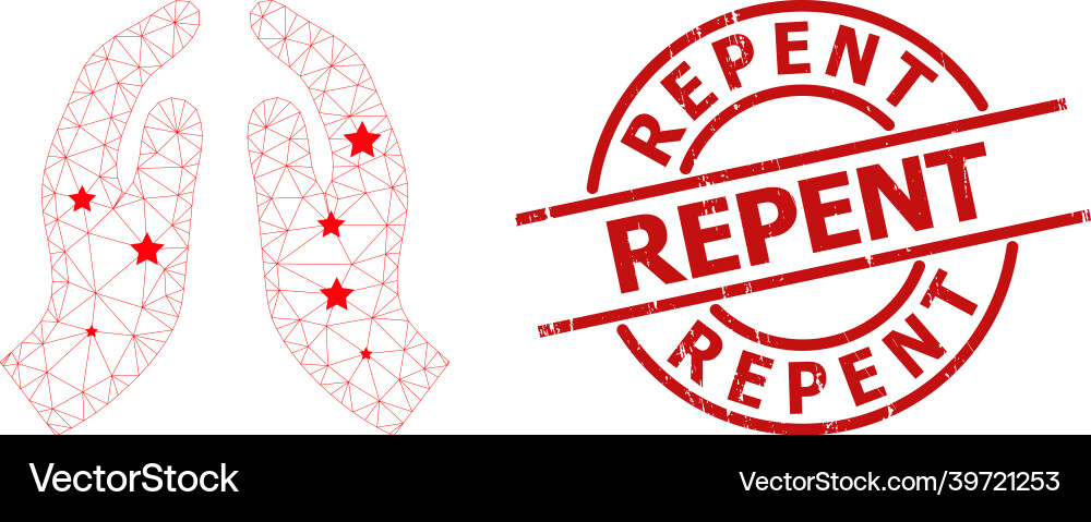 Repent scratched rubber stamp and pray hands mesh Vector Image