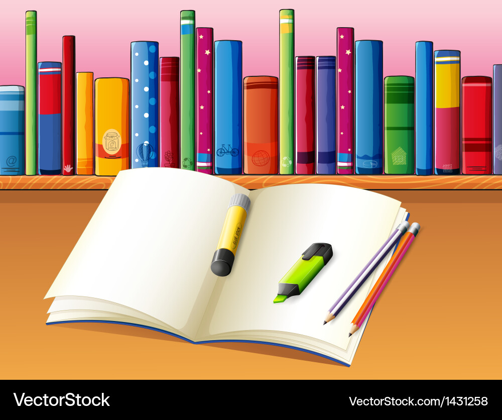 An empty book in front wooden shelf Royalty Free Vector
