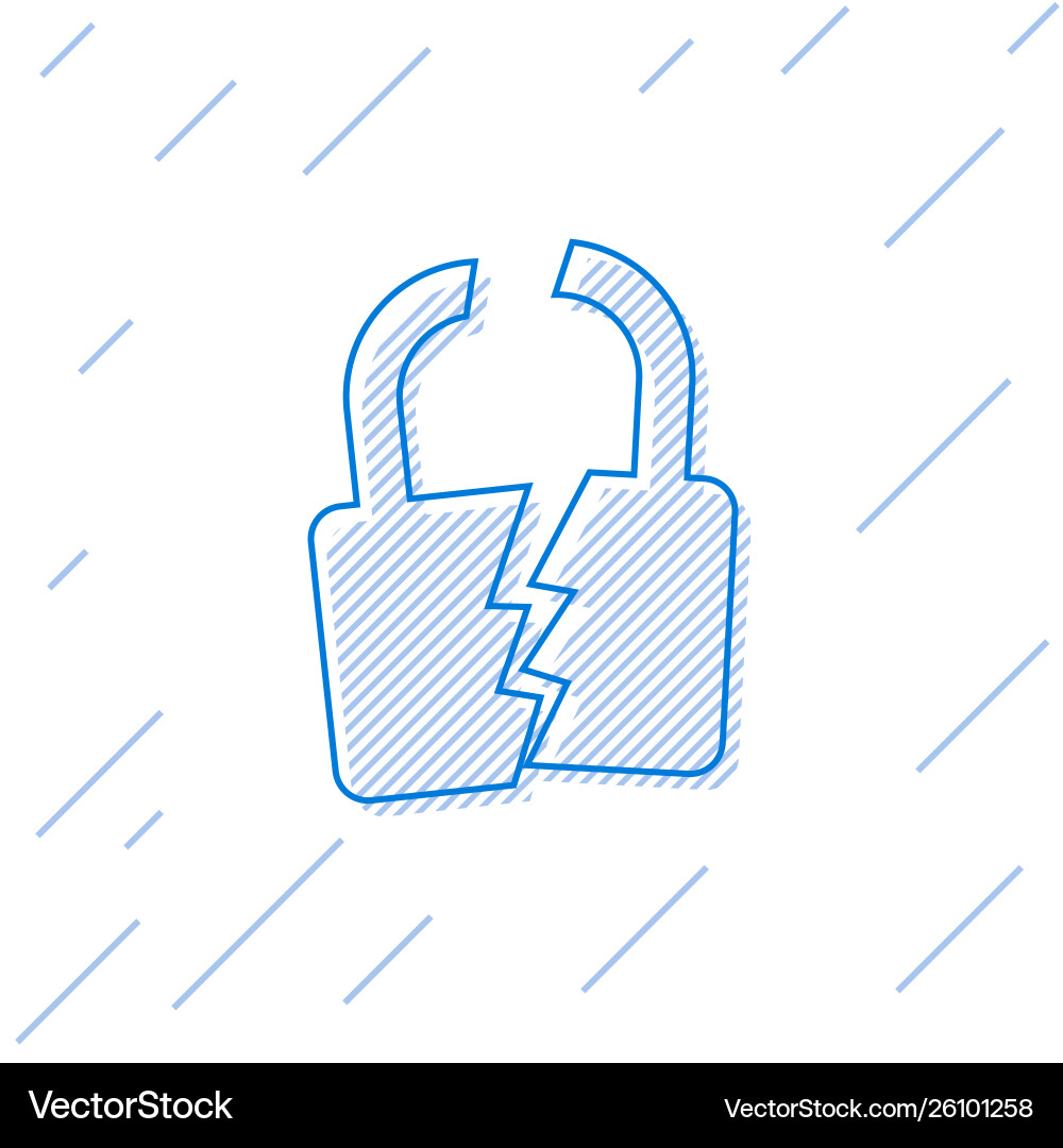 Blue broken or cracked lock line icon isolated Vector Image