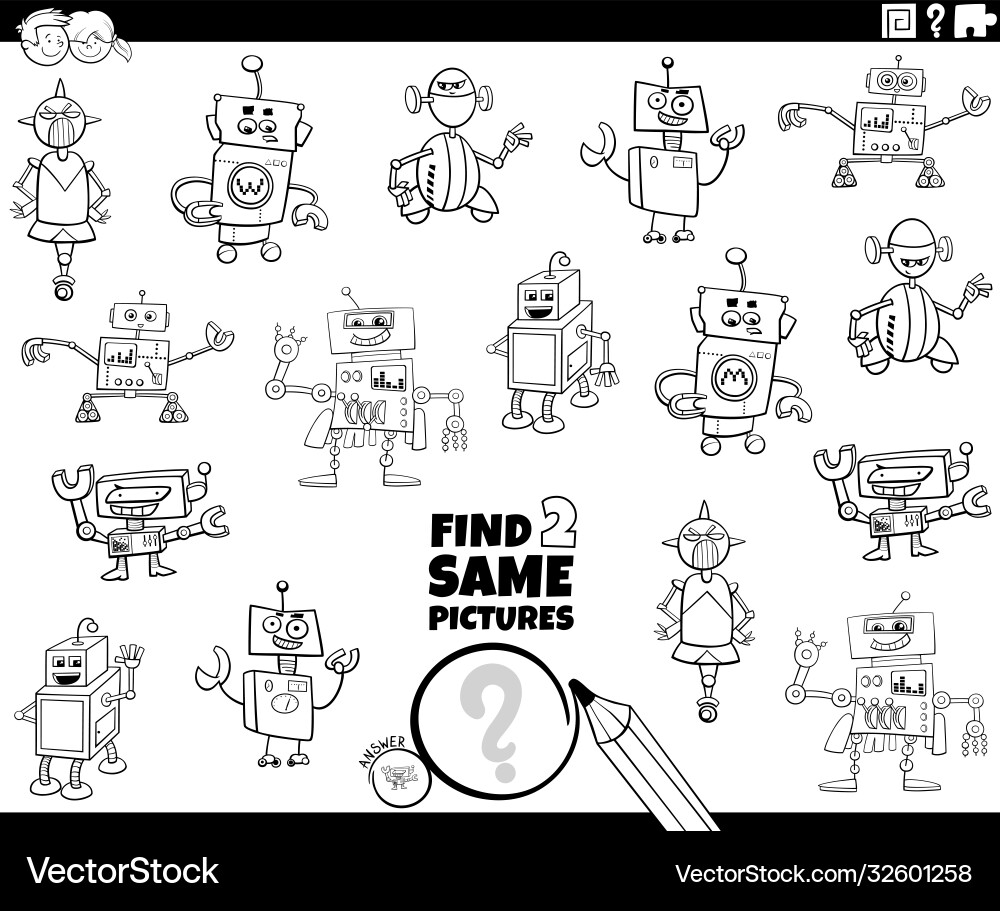 Find two same robots task coloring book page Vector Image