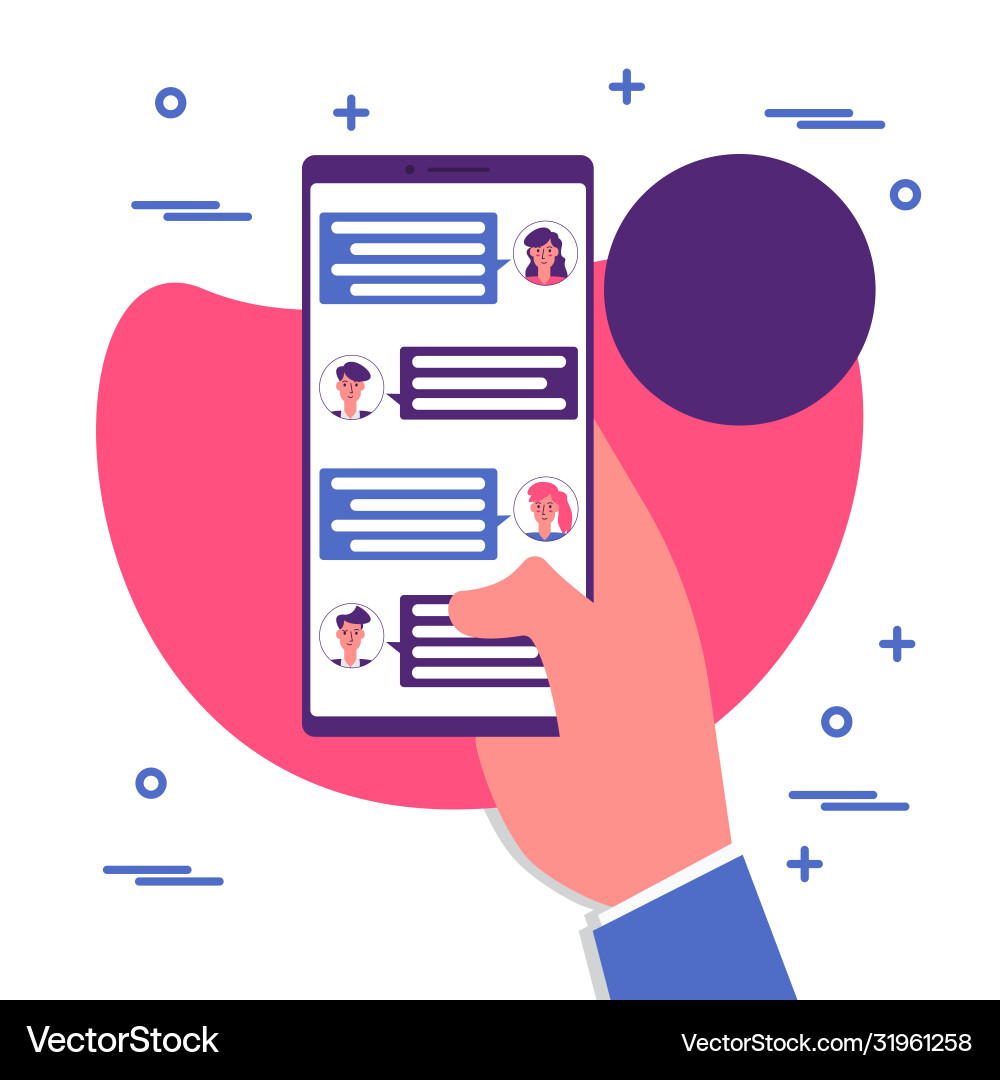 Hand holding phone with messages and group chat Vector Image