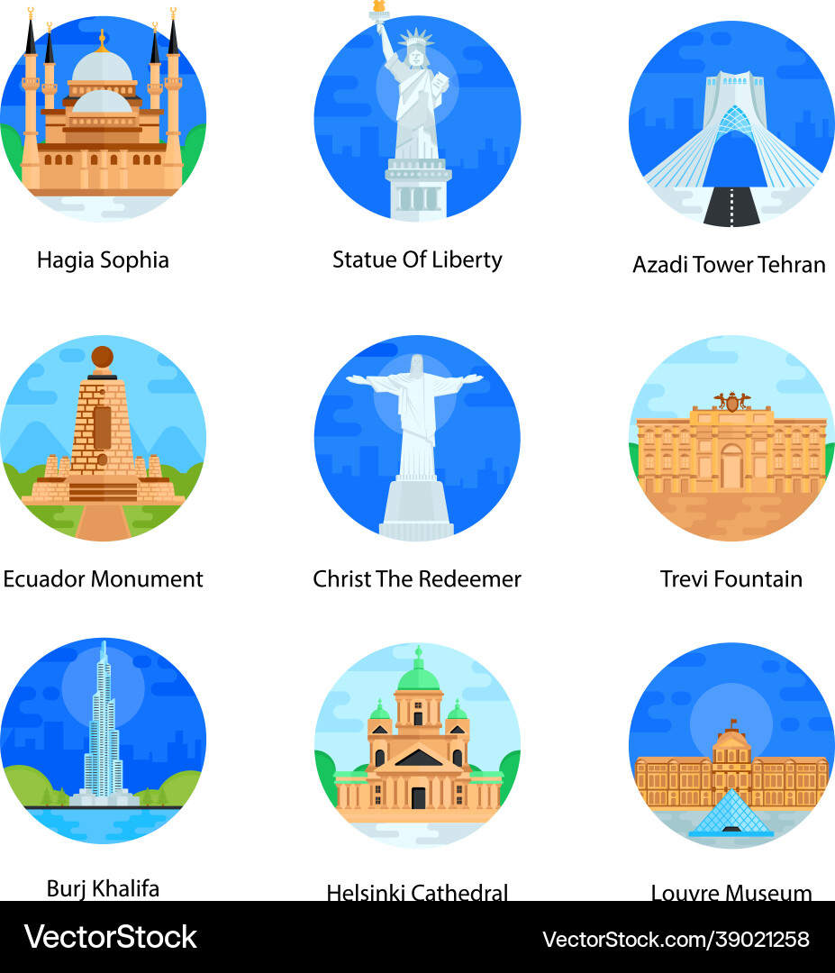 World famous landmarks flat rounded icons Vector Image