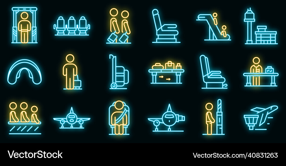 Airline passengers icons set neon Royalty Free Vector Image